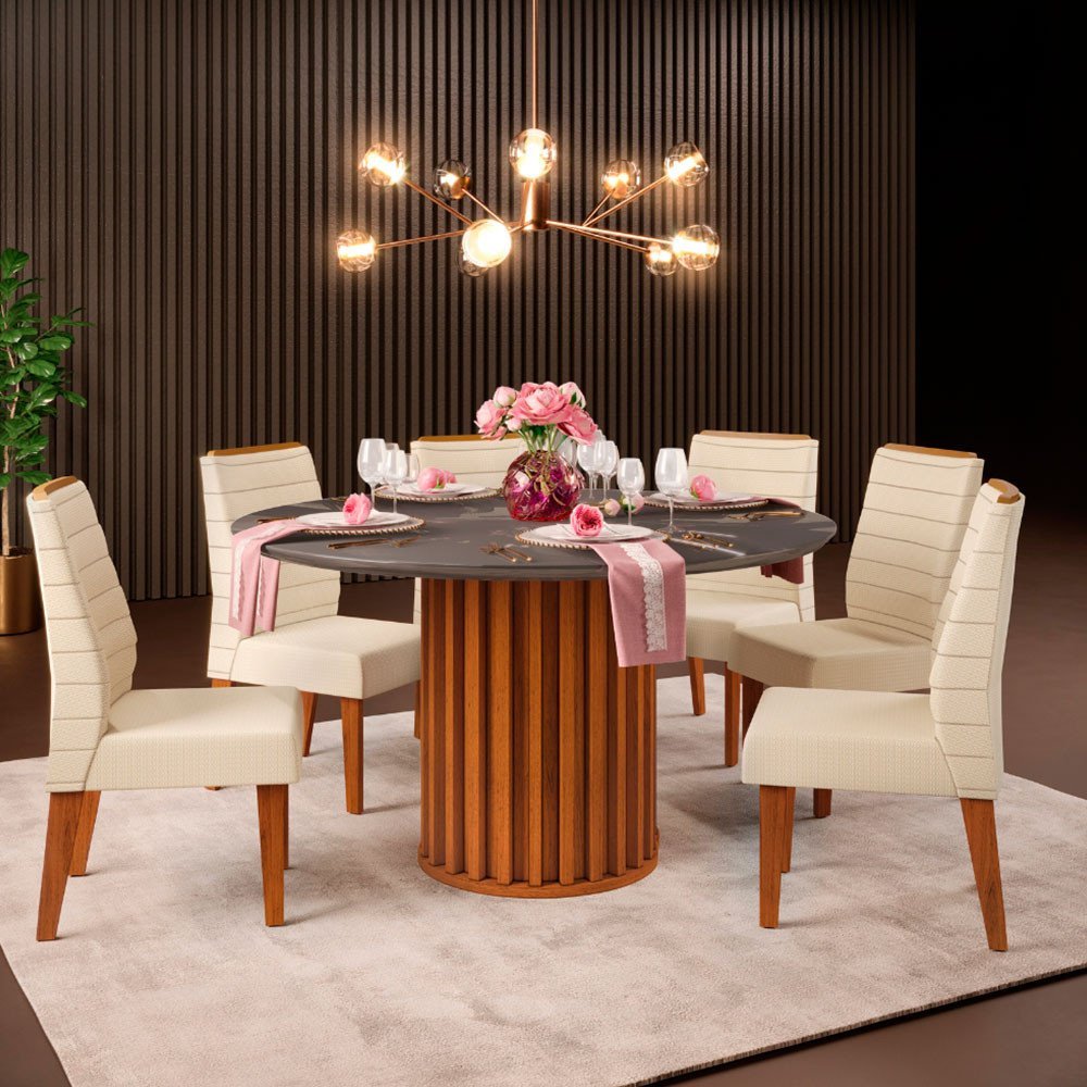 Mesa VIENA 6 Lugares tampo chanfrado redondo com vidro pintado DJ Móveis | MadeiraMadeira