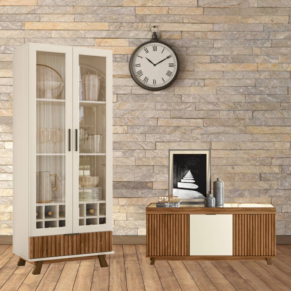 Cristaleira com Adega e Buffet Aparador Ester Mel Off White Tana Decor Cristaleira e Buffet ...
