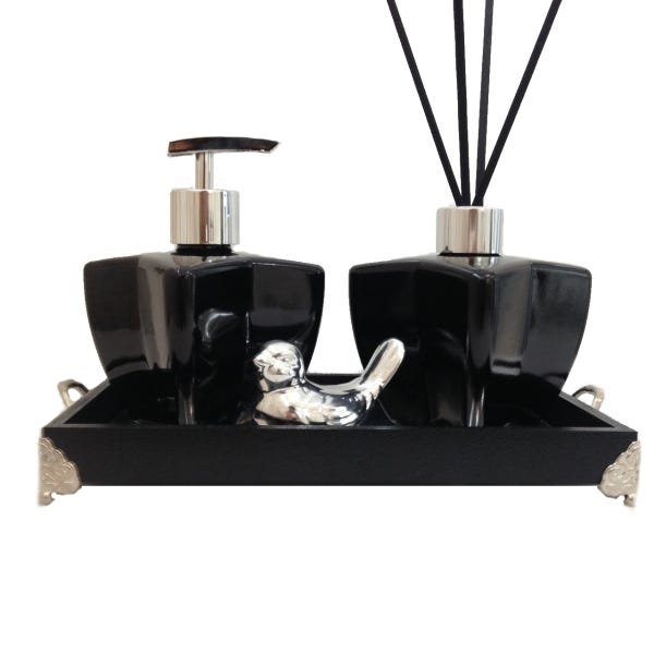 Kit Lavabo Luxo Estrela Preto e Bandeja Espelhada MDF + Enfeite de ...