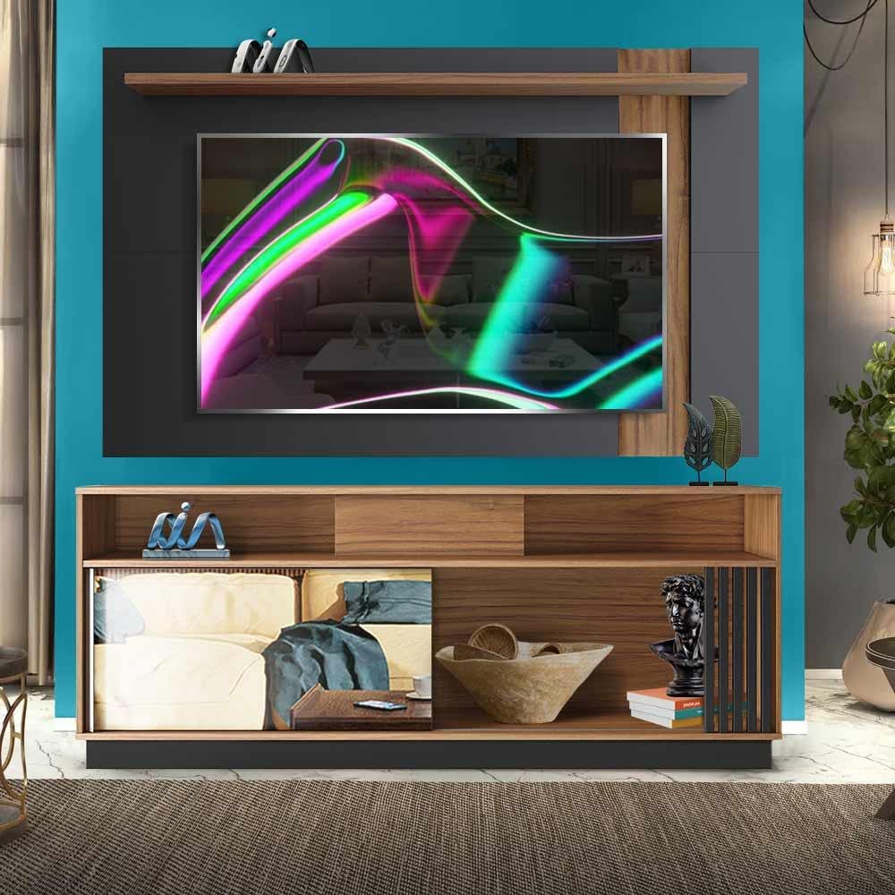 Painel Com Rack Espelhado Para TV Até 70 Polegadas Noce Milano Preto ...