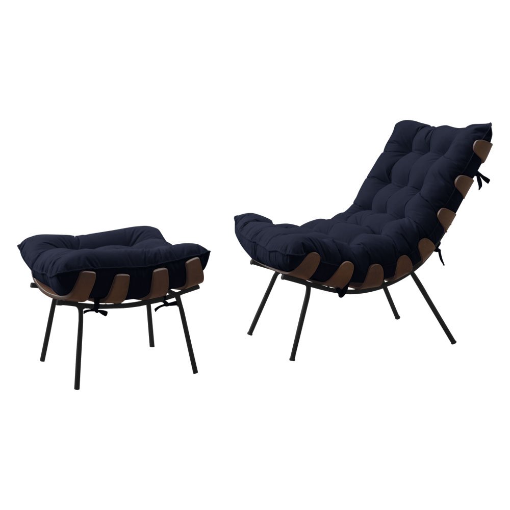 Kit poltrona e puff base fixa Veludo Azul | MadeiraMadeira