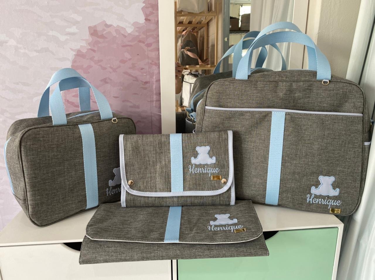 Kit Mala Maternidade Linho Luxo Azul Bebê Personalizado - 04 Peças ...