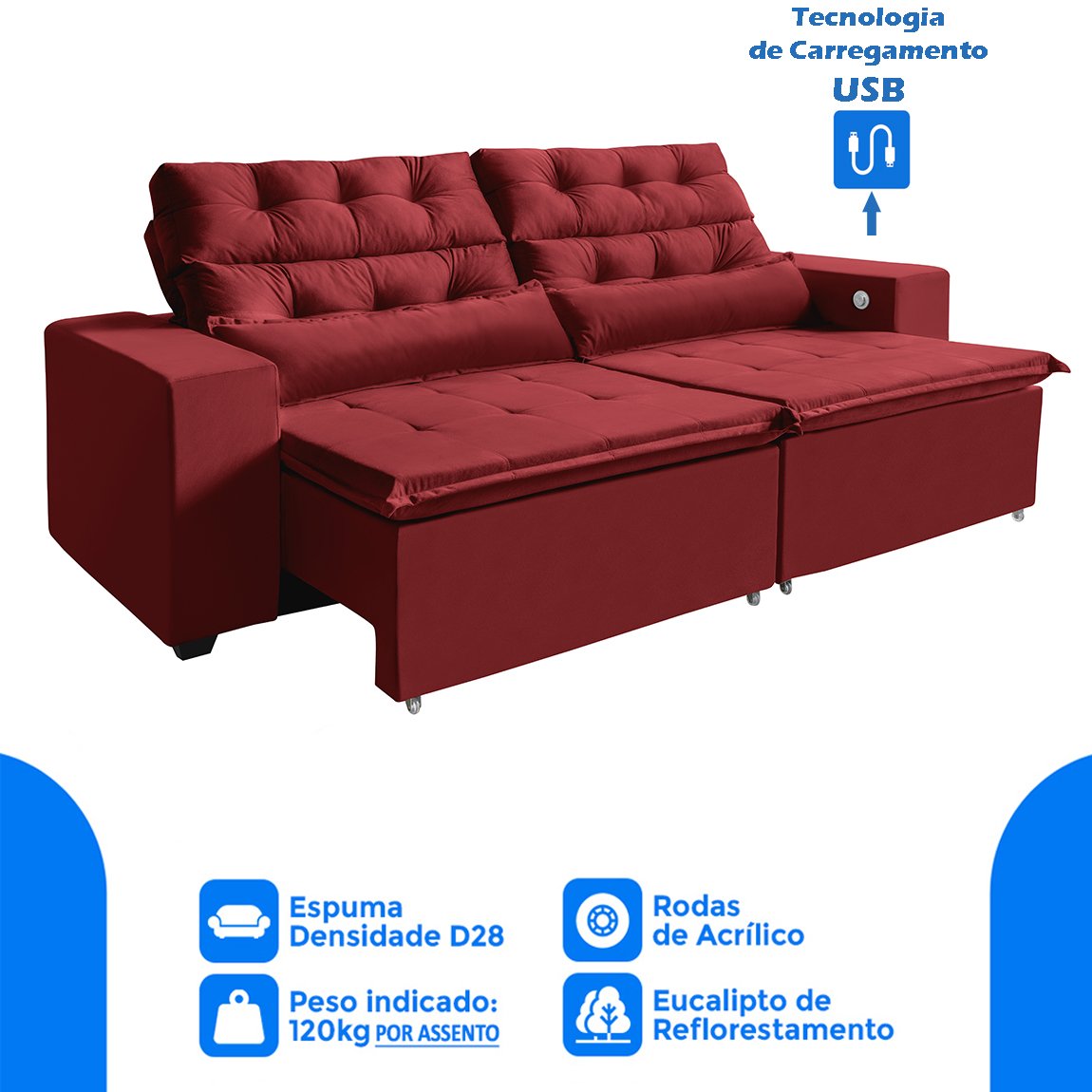 Sofá América 2,52 m 3 Lugares Tecnologia Carregamento 3 portas USB ...