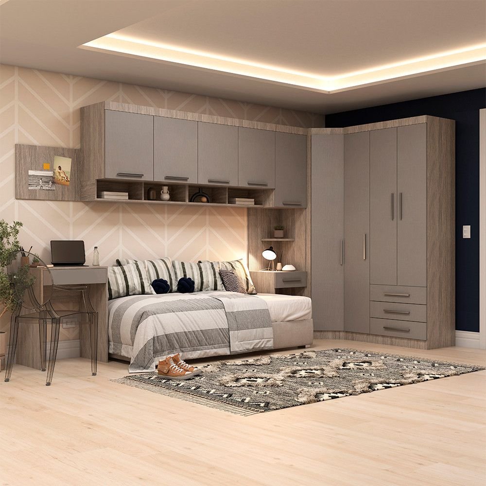 Guarda Roupa de Canto Solteiro 8 Portas e 4 Gavetas com Escrivaninha ...