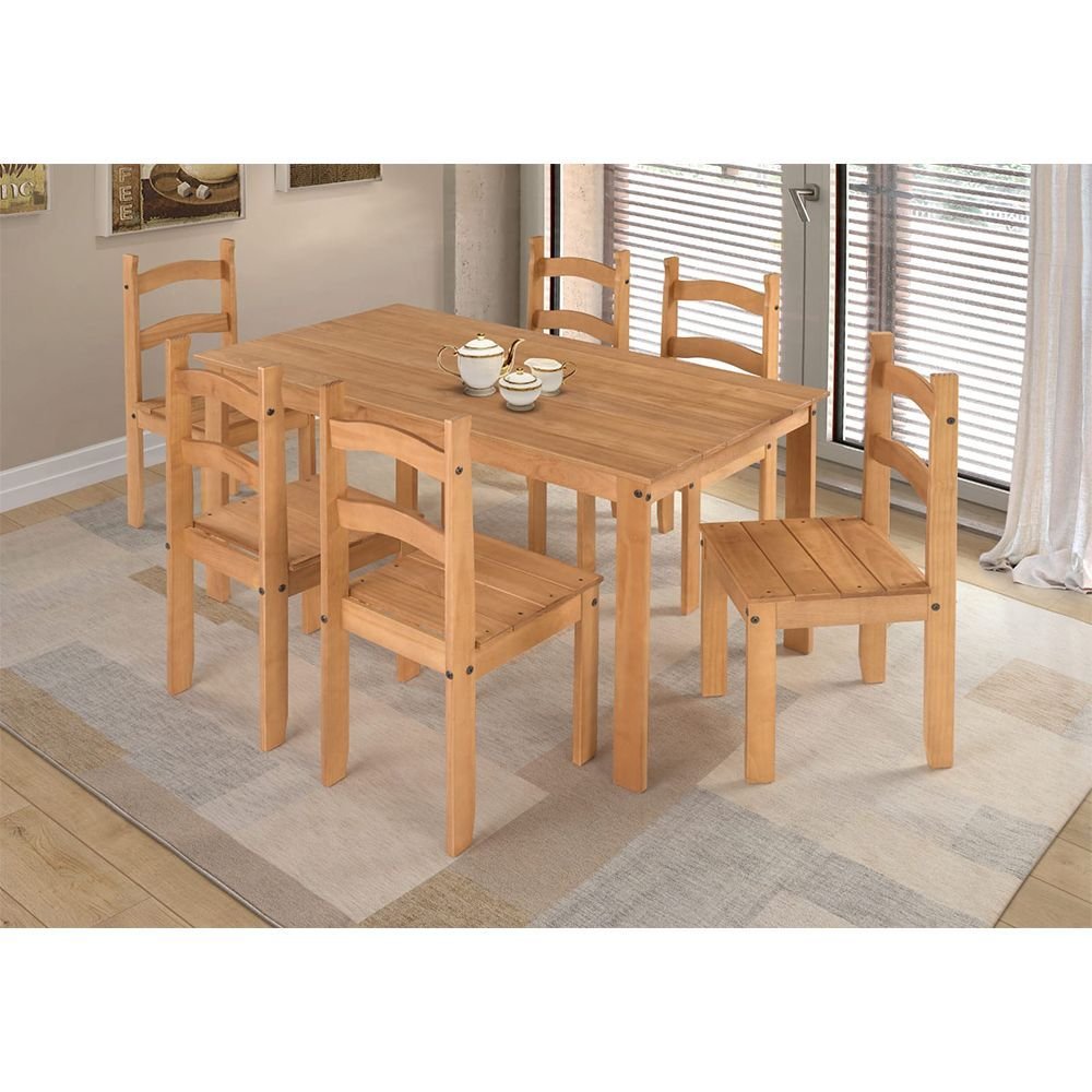 Conjunto Mesa Retangular e 6 Cadeiras de Madeira Maciça Natural ...