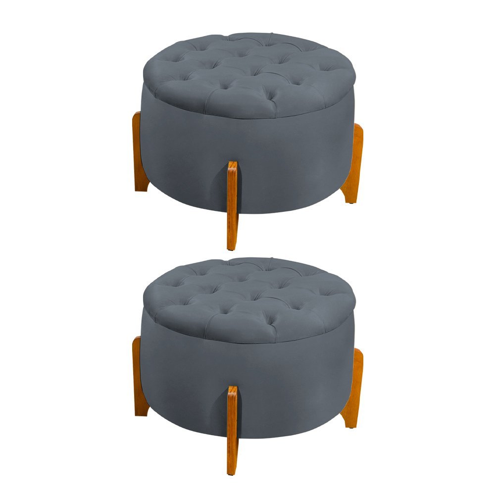 Kit 2 Puffs Luna Pés de Madeira Maciça Suede Cinza | MadeiraMadeira
