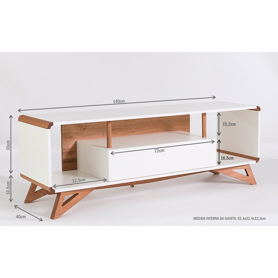 Rack Campbell Branco C/ 1 Gaveta 140 cm - Jatobá | MadeiraMadeira
