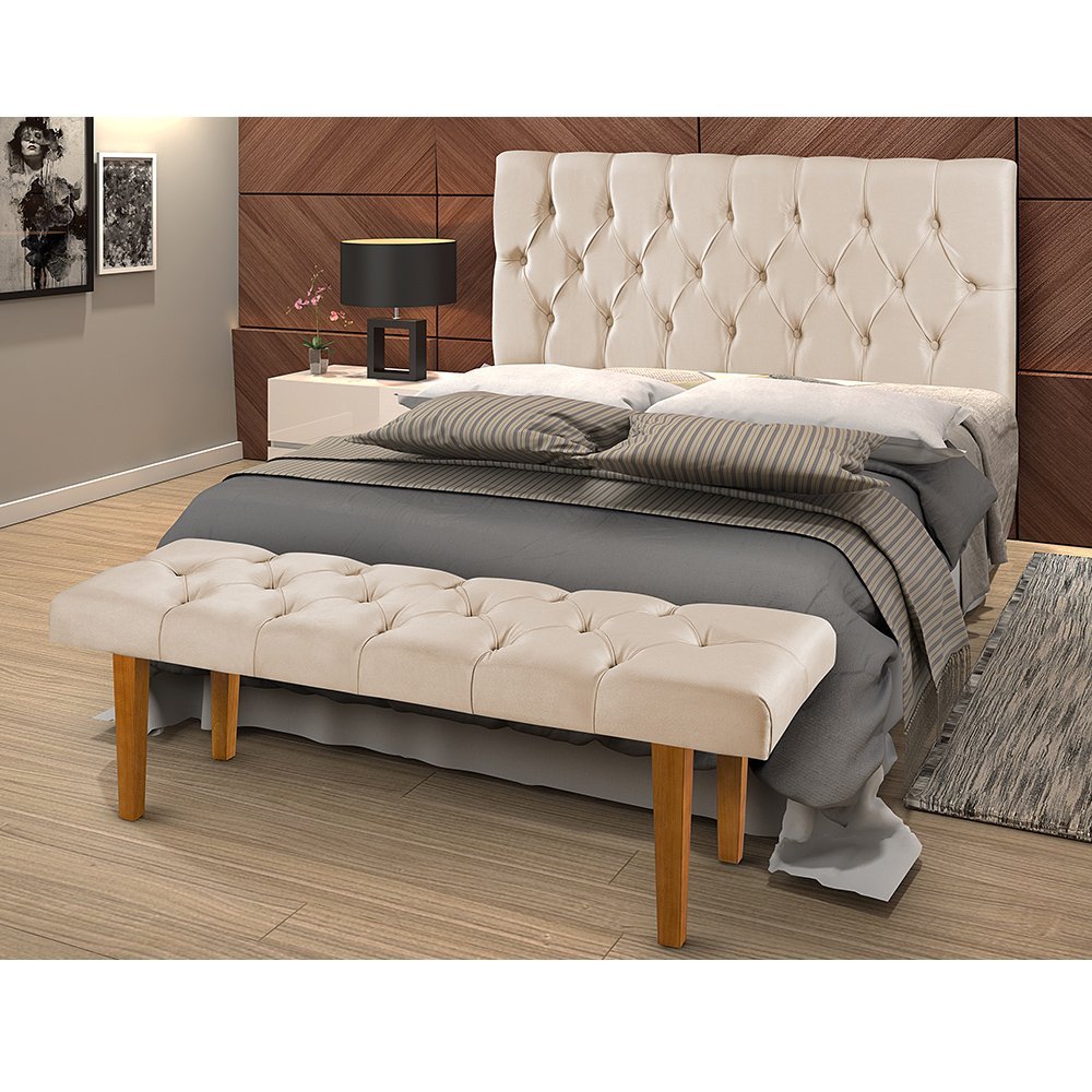 Recamier Banco Capitonê Veludo Bege com Pés de Madeira Maciça Paris 1 ...