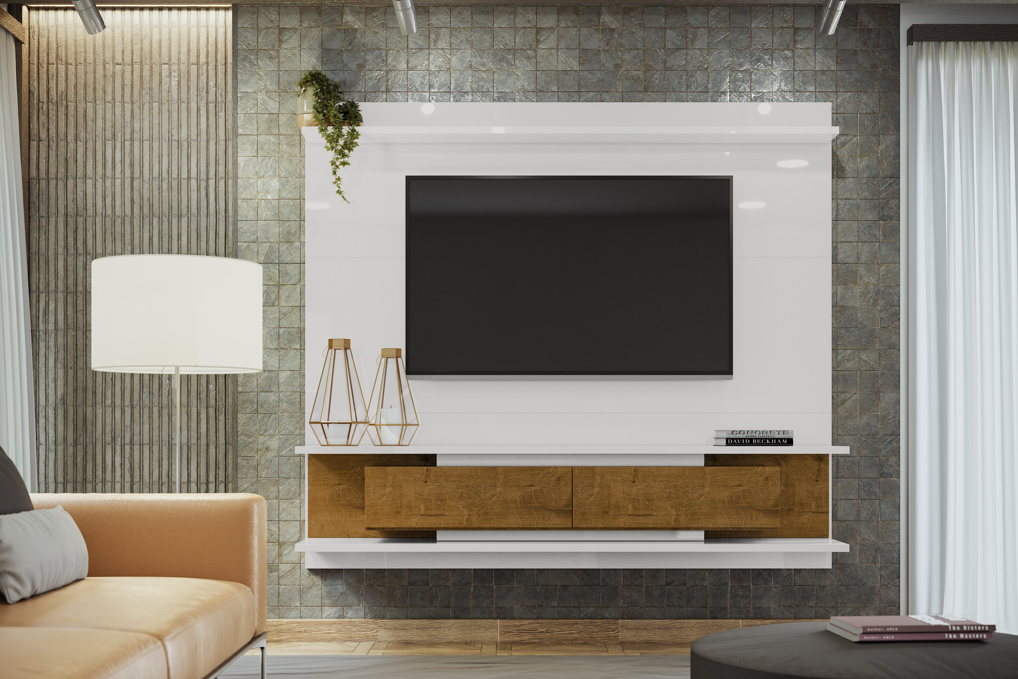 Painel Home Suspenso com 2 Portas para TV até 55 Polegadas Siena Off White/Madero Canela ...