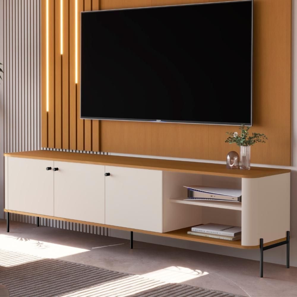 Rack para Tv 70 Polegadas Olaf Off White Nature Preto | MadeiraMadeira