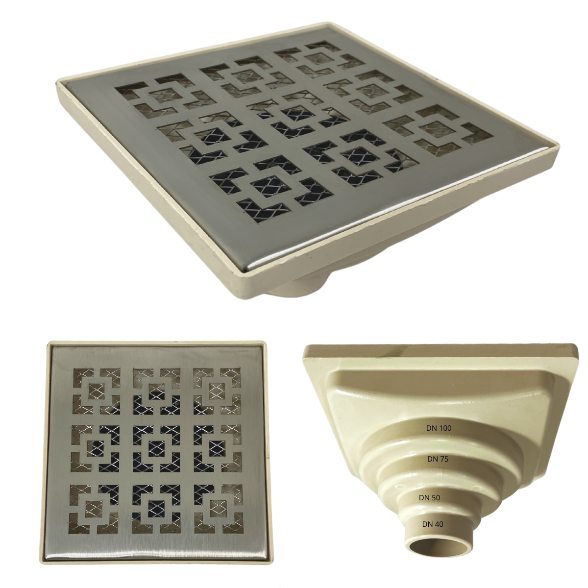 Ralo Inox 304 Modelo 15x15 Dubai com Tela e Coletor Bege Saída Adapt de 40mm até 100mm ...