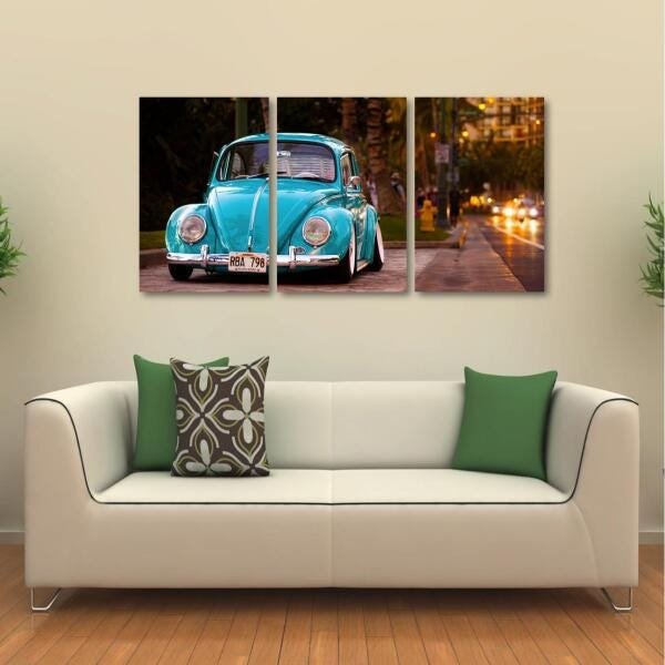 Quadro decorativo Fusca Azul Interiores em Tecido 3 Peças | MadeiraMadeira