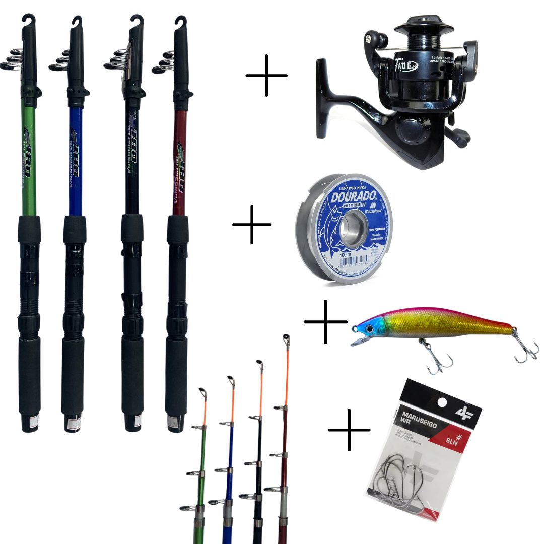 Kit Pesca Vara 1.80 + Molinete + Linha + Isca + Anzol | MadeiraMadeira