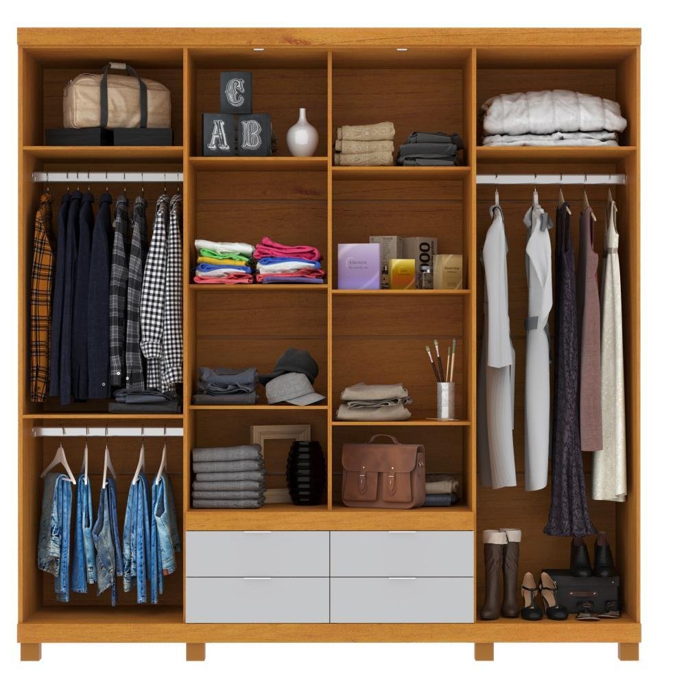 Roupeiro Casal 8 Portas 4 Gavetas com Led e Espelho Floripa – Ipê/Off ...