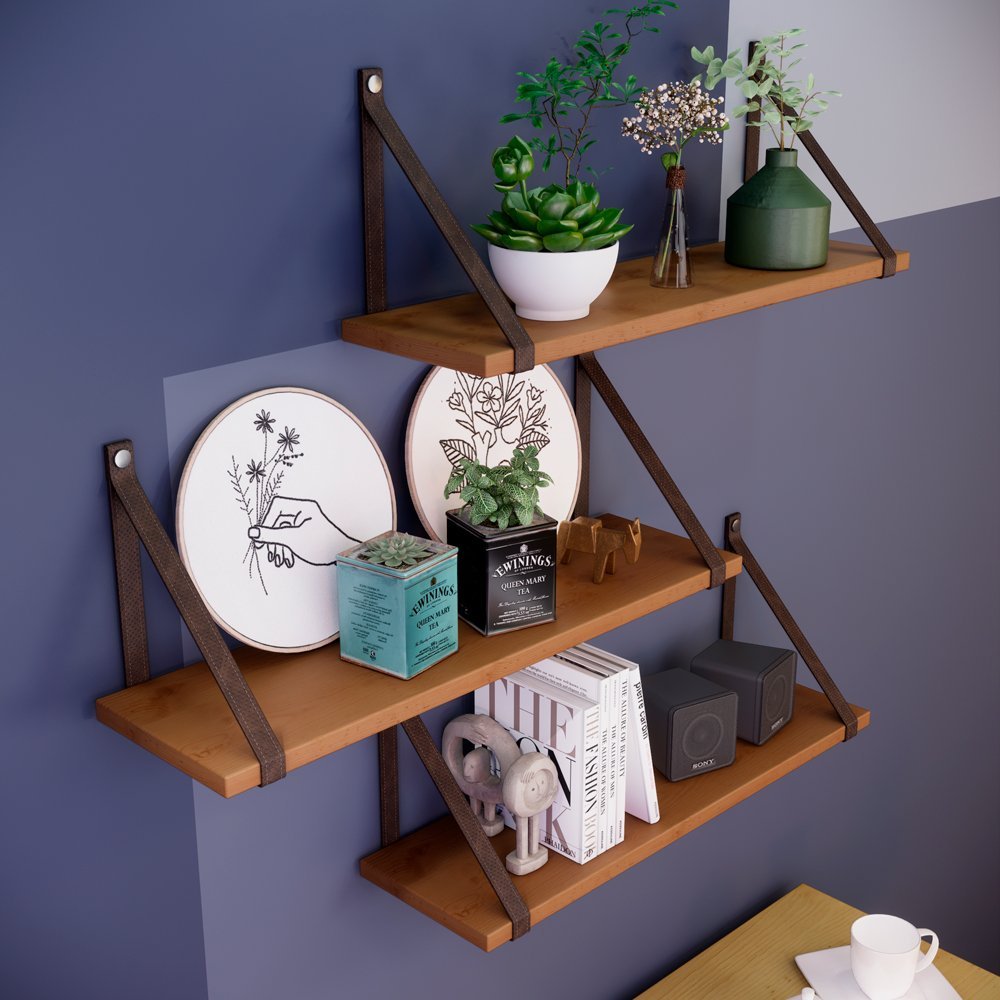 Kit 3 Prateleiras em Pinus Stain com Alça - 70x20cm Marrom | MadeiraMadeira