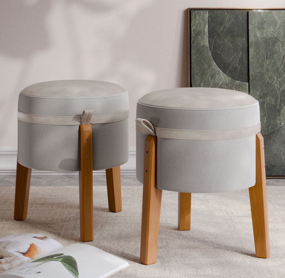 Puff Rest com Detalhes em Couro Moderno Redondo com Pés em Madeira ...