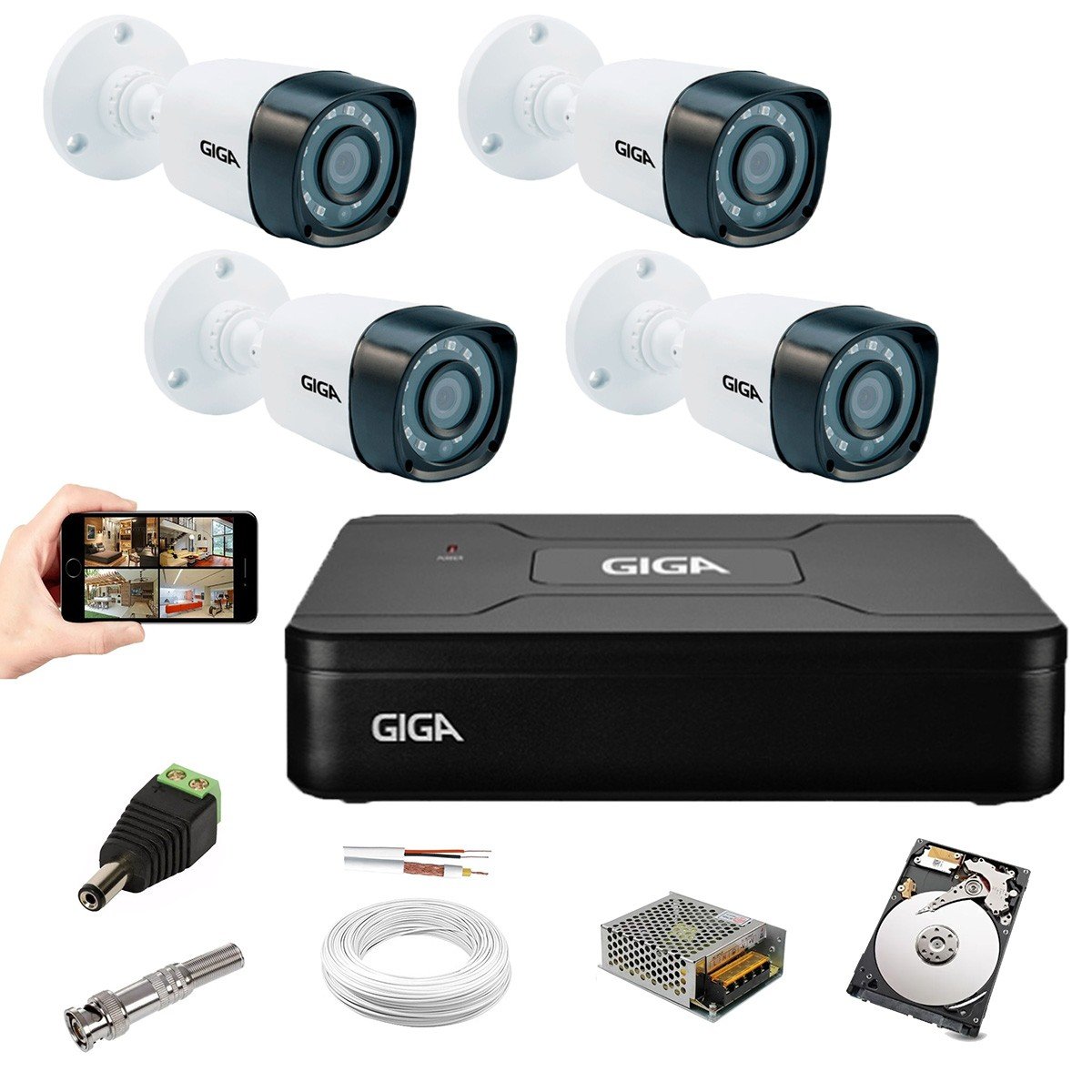 Kit 4 Cam Giga GS0018 + Dvr Security Lite 4 Canais Com HD500 ...