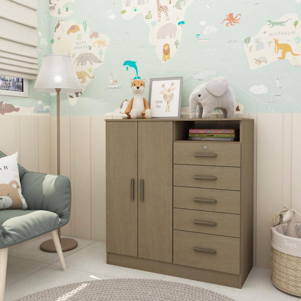 Cômoda Infantil com 5 Gavetas e 2 Portas - Carvalho | MadeiraMadeira