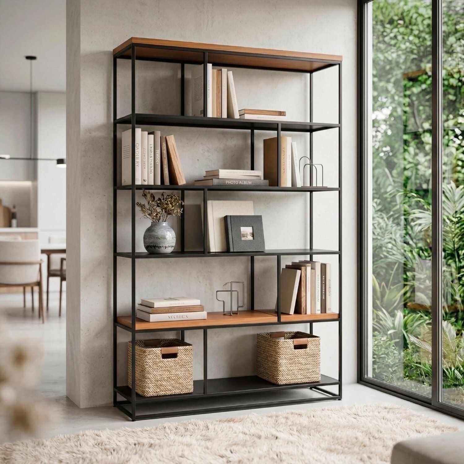 Estante Divisória em Metal e Madeira com Nichos Prateleiras Decorativa ...