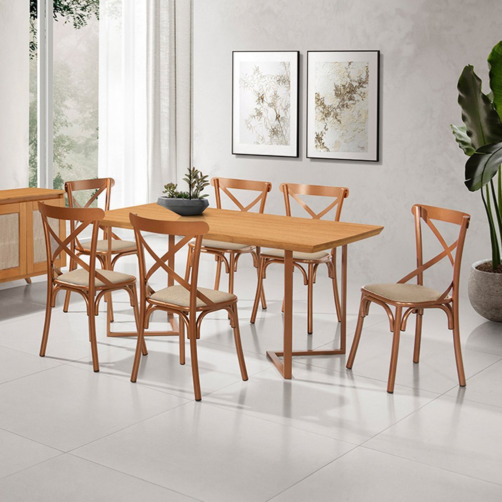 Conjunto Mesa Madeira Maciça Alice 1,60m com 6 Cadeiras Aço Karina ...