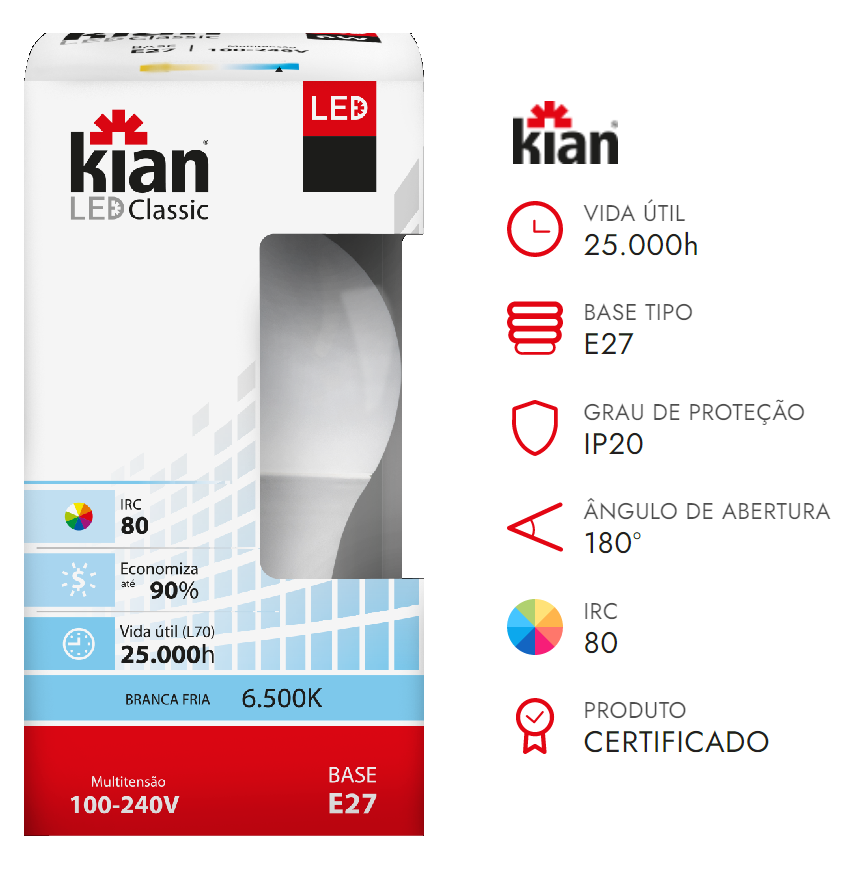 KIT 6 LAMPADA LED BULBO E27 A60 9W 6500K KIAN BIVOLT FORTE INMETRO ...