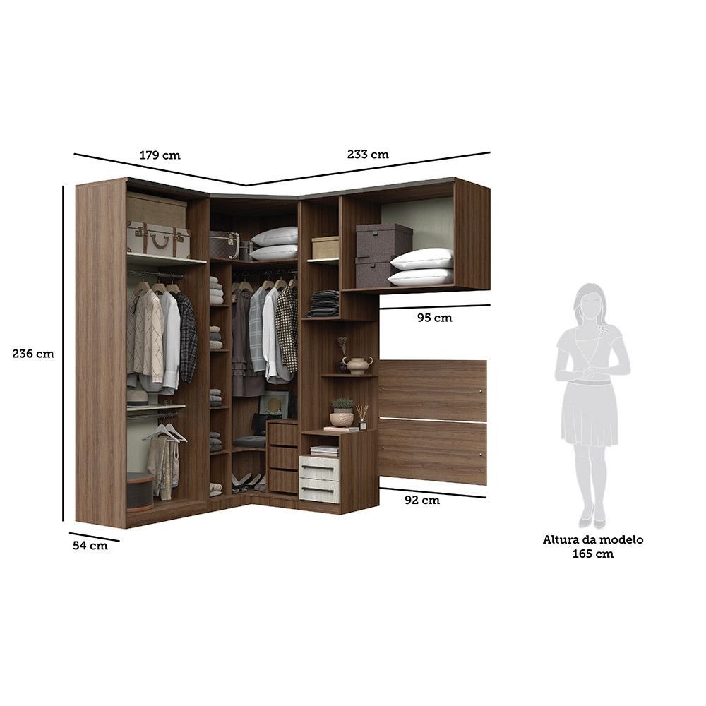 Guarda Roupa Solteiro de Canto 7 Portas e 5 Gavetas Vanilla com Legno ...