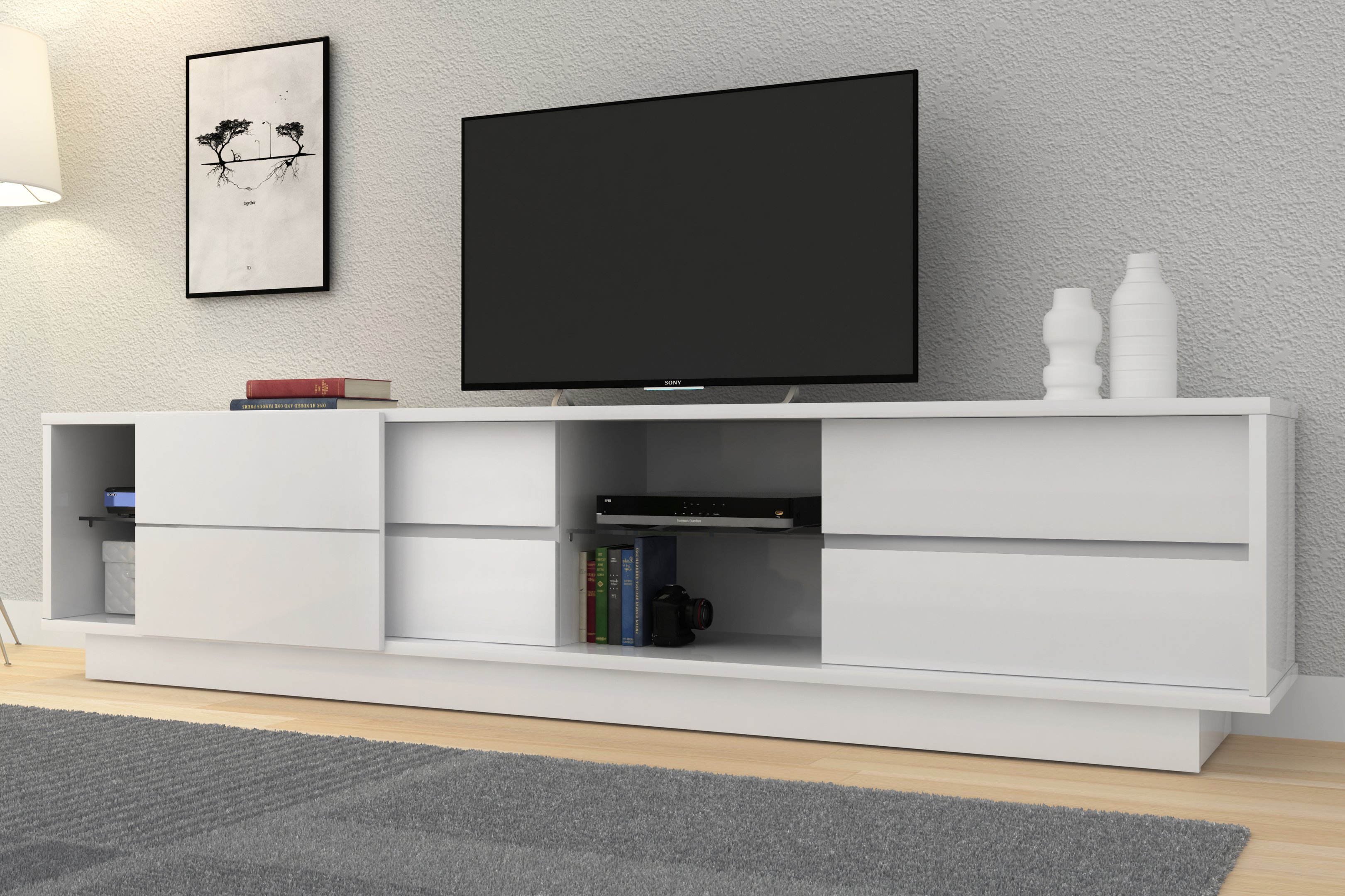 Rack Sala Porta De Correr E Prateleira Vidro de 2,40m:Branco ...