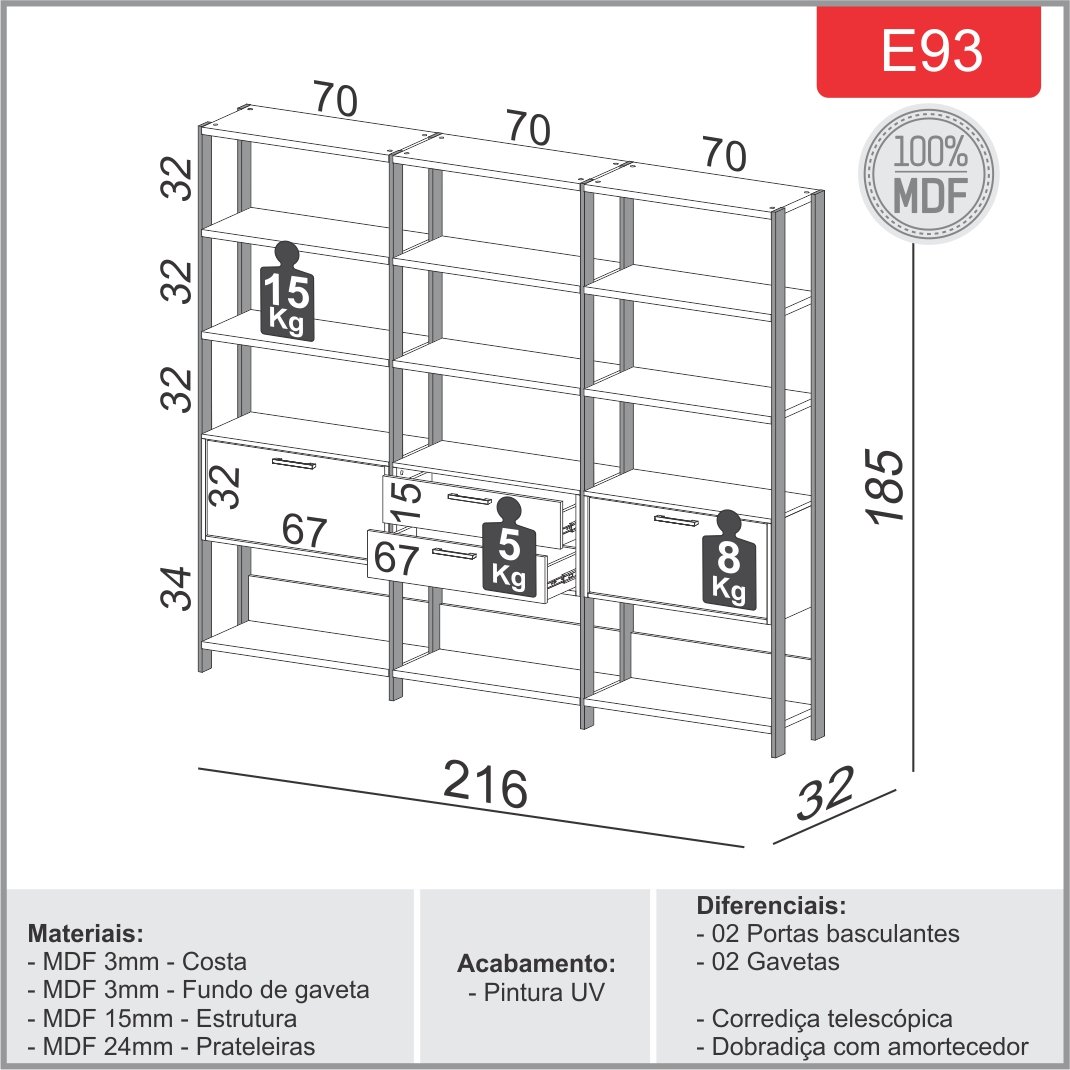 Estante Estilo Industrial c/ 2 Gavetas e 2 Portas (3 Torres) - Cor ...