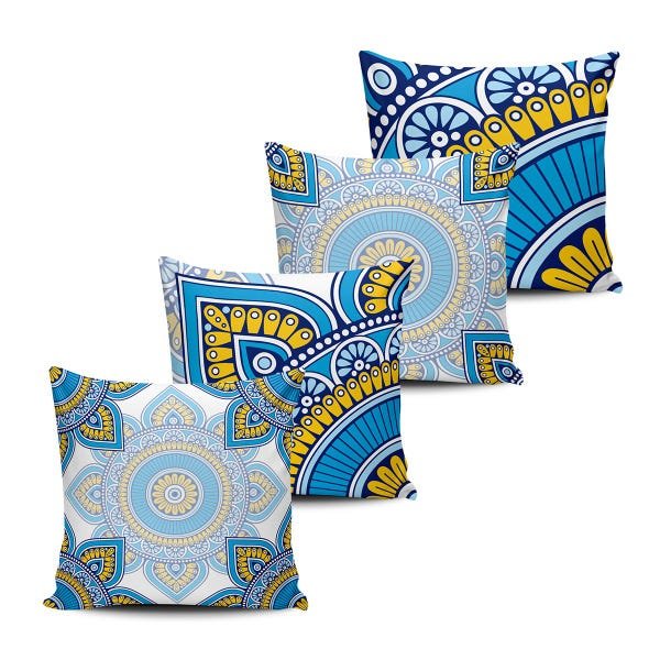 Kit 4 Capas Almofadas Mandala Azul e Laranja 45x45cm | MadeiraMadeira