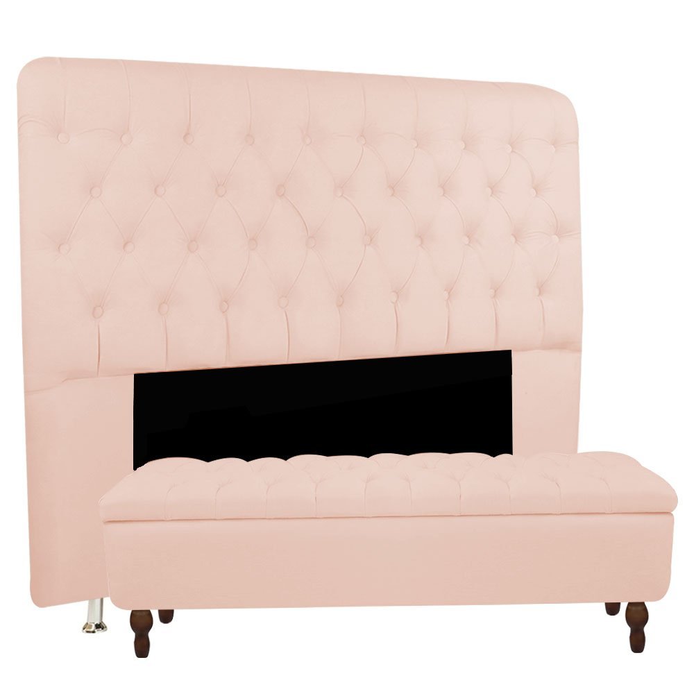 Conjunto Cabeceira Solteiro Bia C/ Báu Bia 90 cm:Sued Rosa | MadeiraMadeira