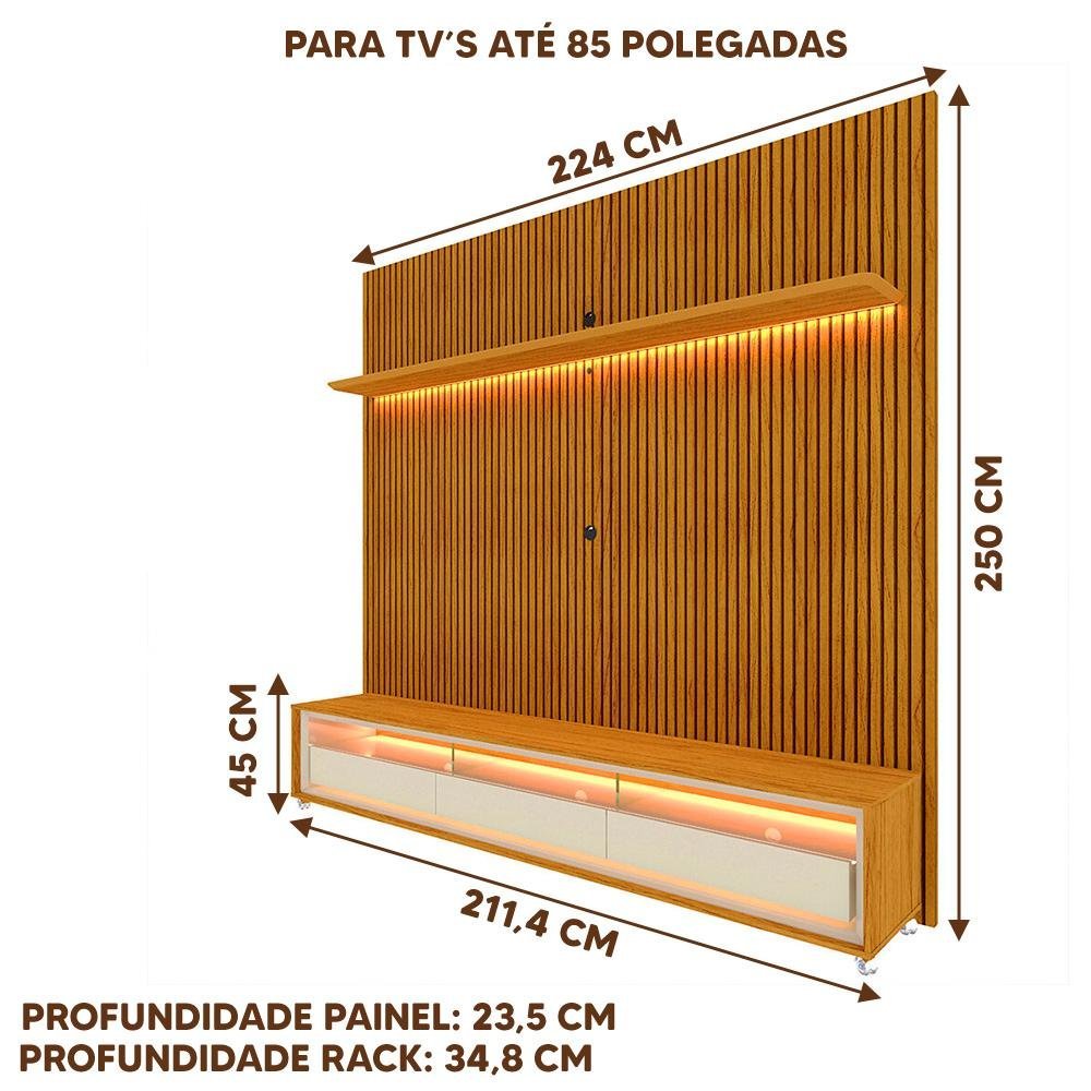 Painel Com Rack Com Rodízios Para Tv 85 Polegadas Naturale Off White ...