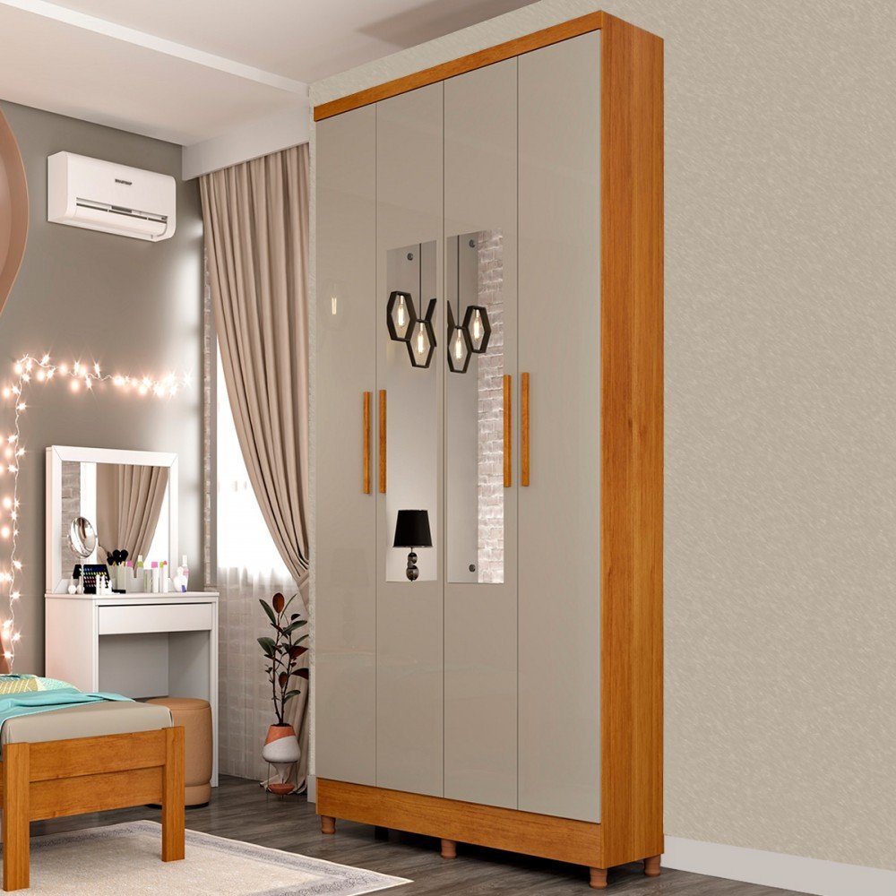 Guarda-Roupa Solteiro Amsterdam 4 Portas 2 Gavetas com Espelho Cinamomo/Off White - Tcil Móveis ...