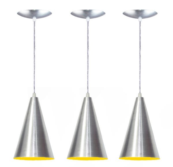 Kit 03 Lustres Cone - Cor Alumínio Escovado e Amarelo | MadeiraMadeira