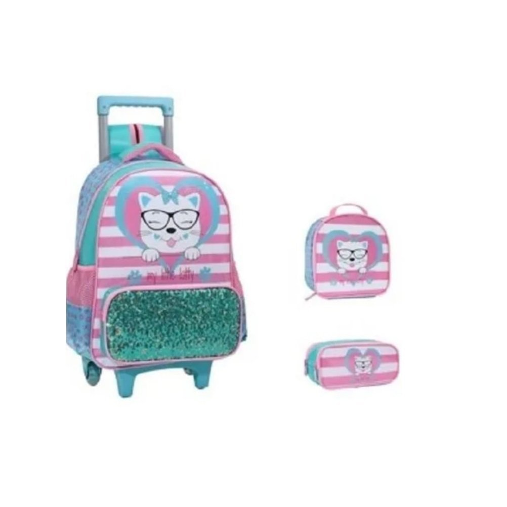 KIT MOCHILA COM LANCHEIRA GATO BF 5313C YEPP KIDS RODINHAS | MadeiraMadeira