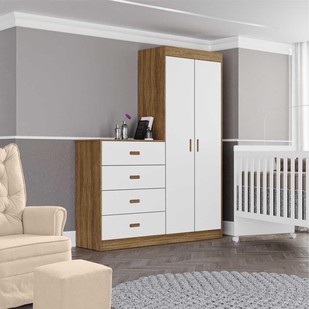 Guarda Roupa com Cômoda New Bebê Branco com Carvalho Canaã | MadeiraMadeira