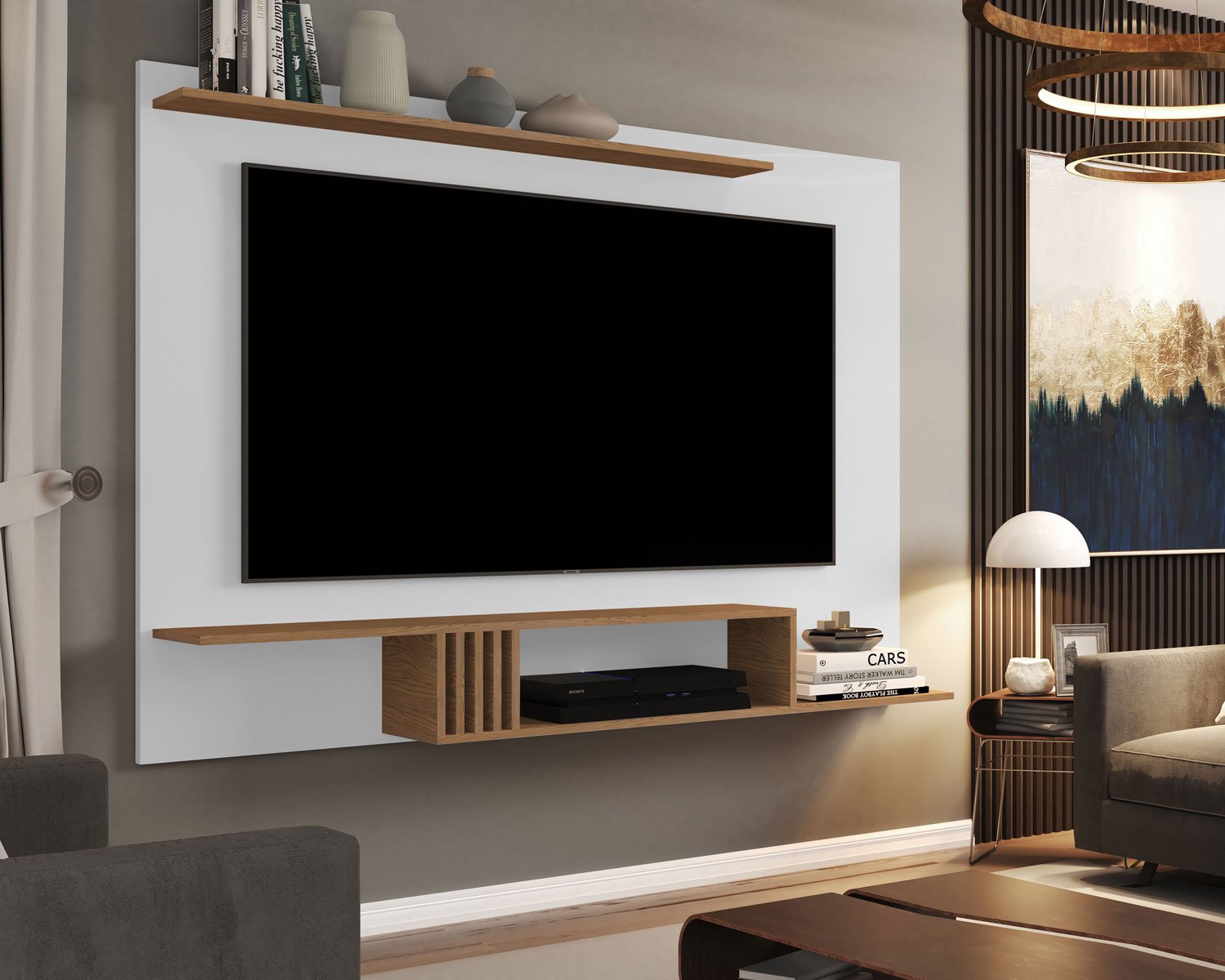 Painel Home Luxo para Tv até 55 pol com 3 nicho Branco com Freijó ...