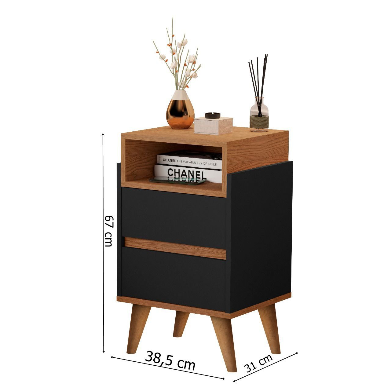 Kit 2 Mesas de cabeceira pés em madeira 2 gavetas e nicho 007 Preto/Nature | MadeiraMadeira