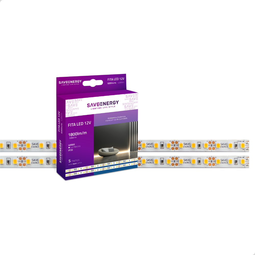 Fita Led 12v 18w/m Ip20 2700k Branco Quente 5mts Save Energy ...