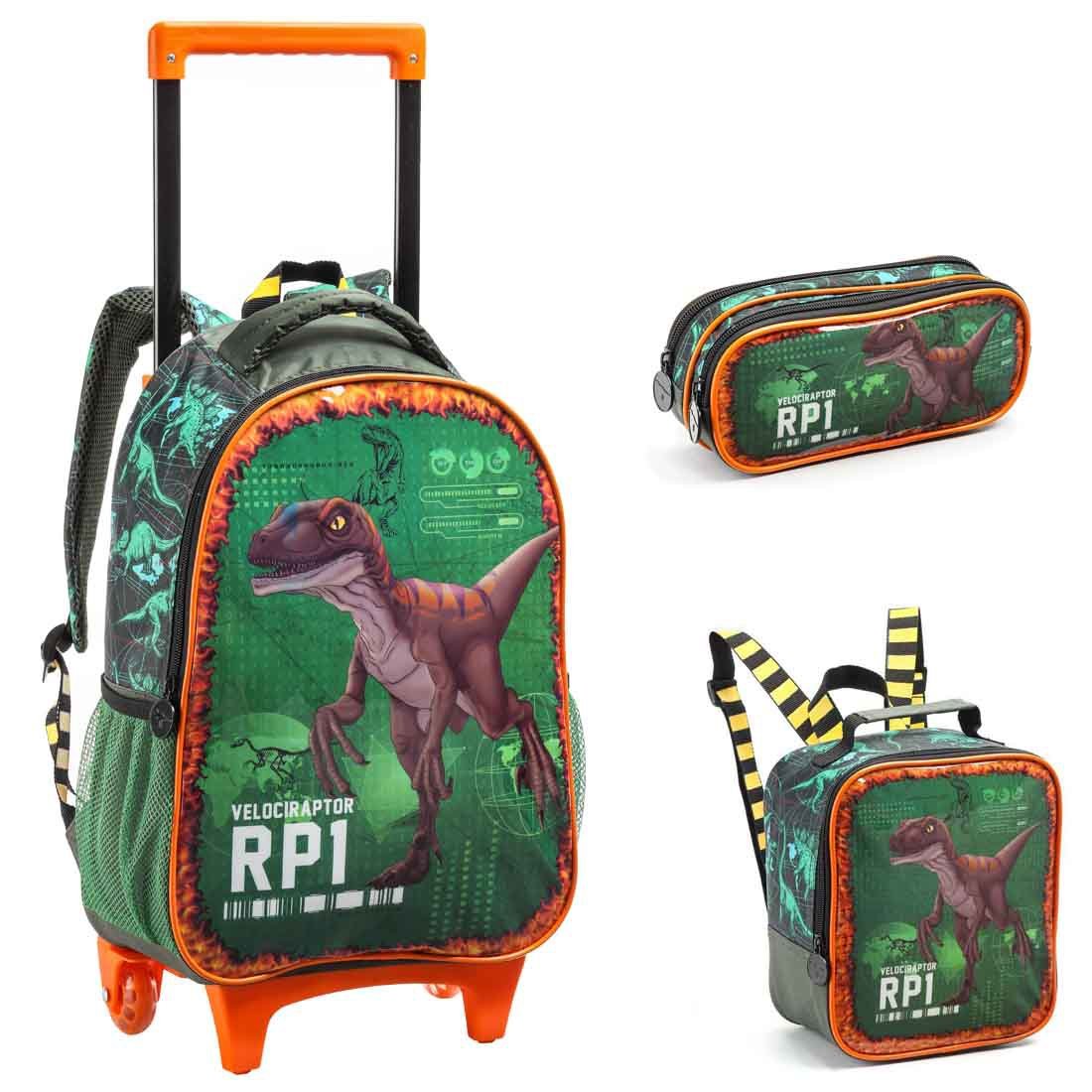 Mochila Infantil com Rodinhas Dinossauro com Lancheira e Estojo Verde ...