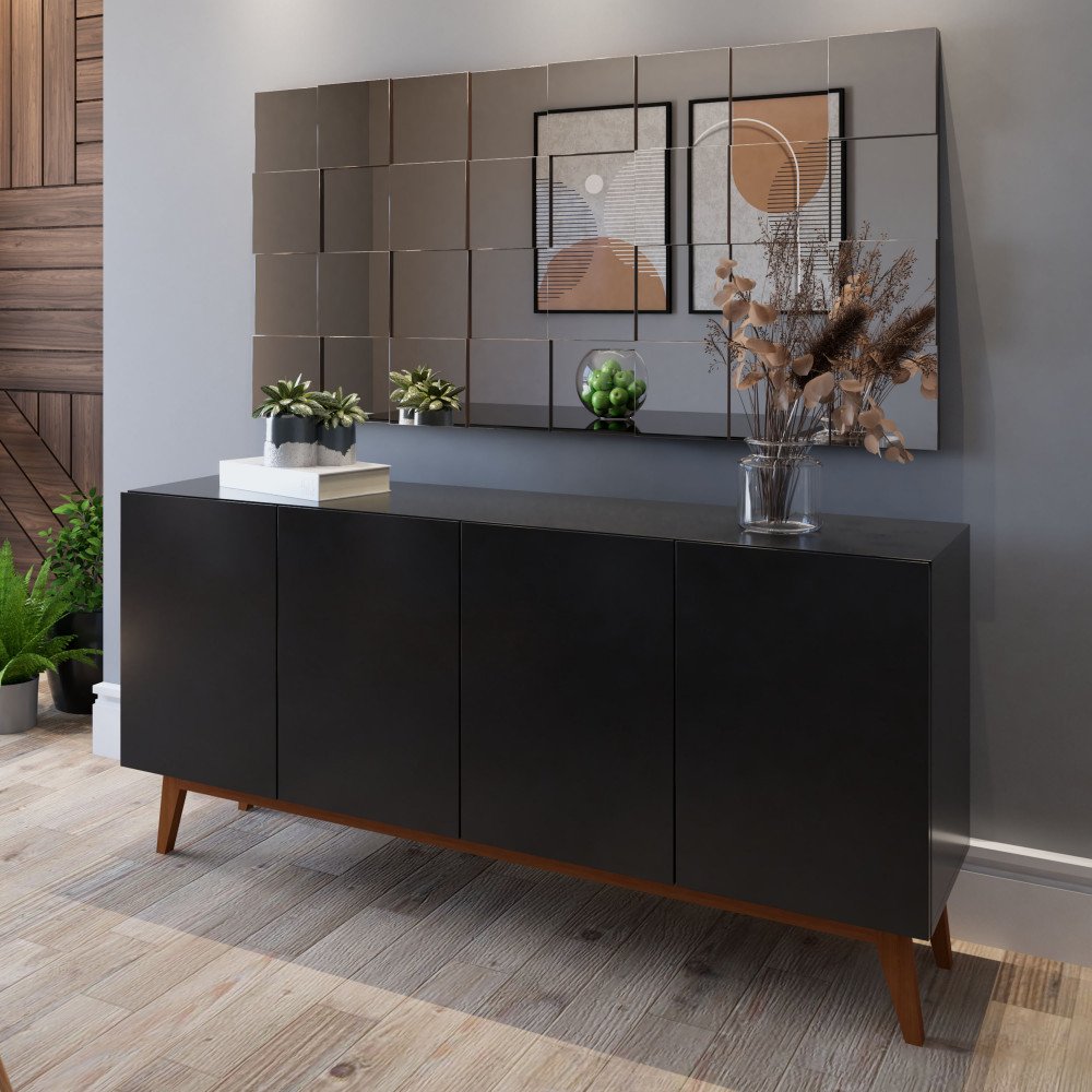 Aparador Buffet Ares 4 Portas com Pés em Madeira - Preto | MadeiraMadeira