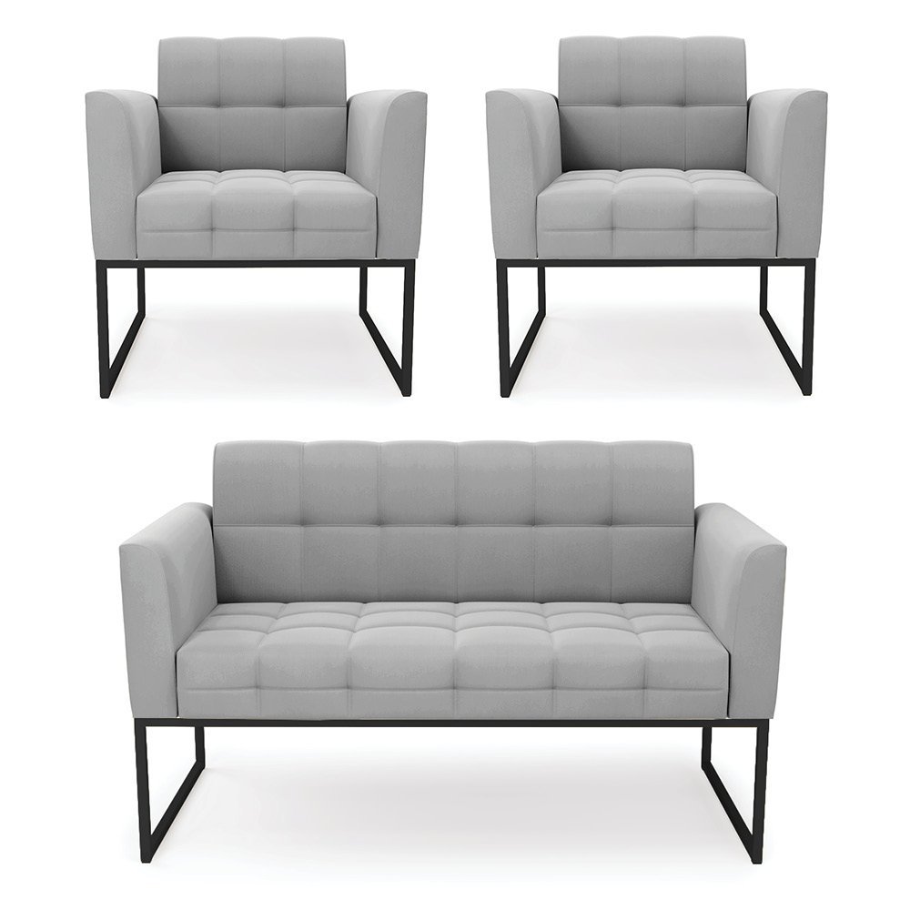 Kit 1 Sofá Namoradeira e 2 Poltronas Elisa Suede Cinza Base Metálica ...