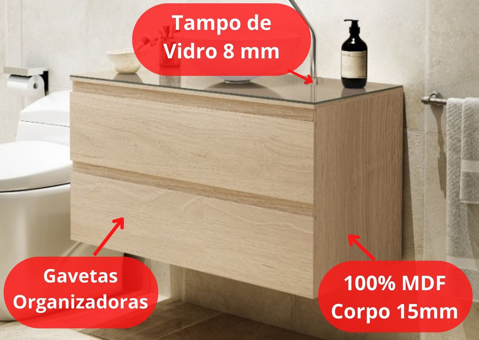 Gabinete Para Banheiro Jess com Cuba Cristal Cor: Nature | MadeiraMadeira