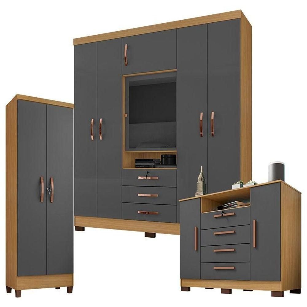 Guarda Roupa Casal Imperial com Cômoda Madri e Armário Multiuso Egito Carvalho Americano Grafite ...