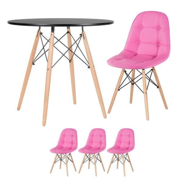 Conjunto de Mesa Eames Eiffel 80cm Preto + 3 Cadeiras Estofadas Botonê ...