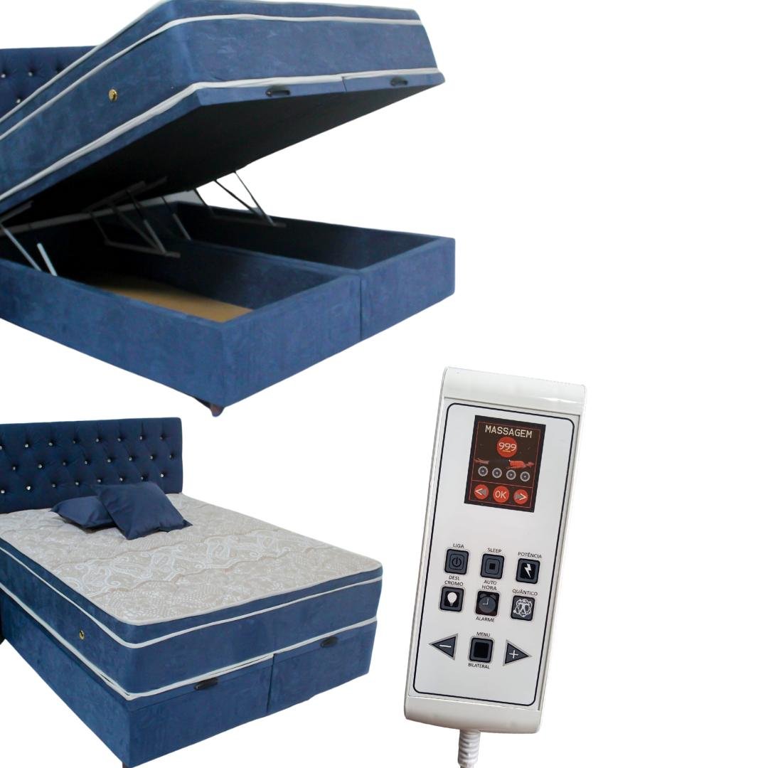 Colchão Queen Kanak MAGNÉTICO + BASE BAÚ + CABECEIRA 1,58X1,98 Azul ...