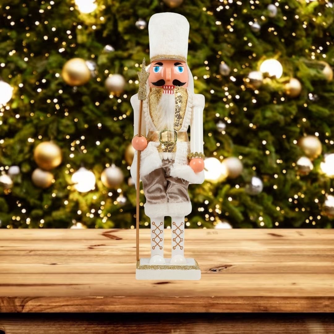 Quebra Nozes Decorativo Branco e Dourado Bastão Estrela 40cm Articulado - Magizi | MadeiraMadeira