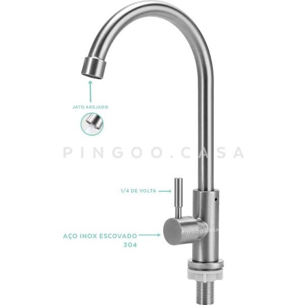 Torneira Para Cozinha Em Aço Inox Escovado Aporé Pingoo Casa Prata