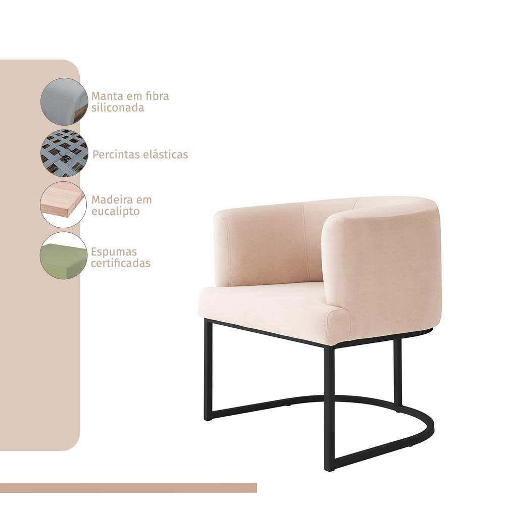 Poltrona Decorativa Arredondada Emi Base de Ferro Preto Fosco em Veludo Rose Estofama ...