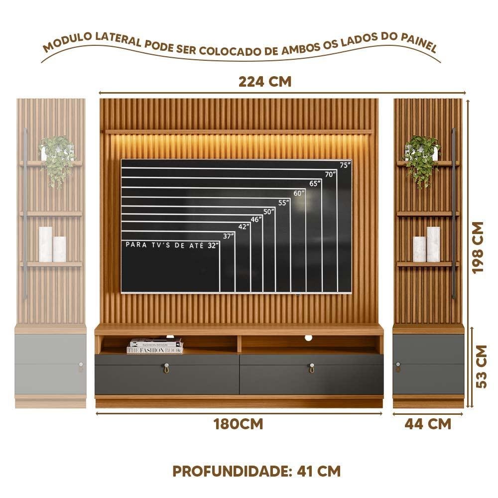 Rack Com Painel Ripado Modulado Para TV Até 75 Polegadas Nature Chumbo Ouro Preto Linea Brasil ...