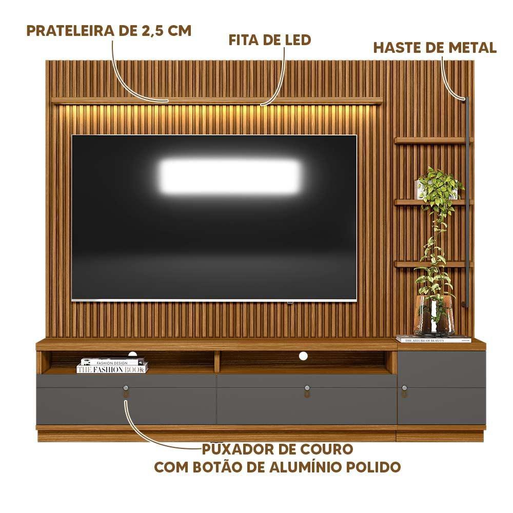 Rack Com Painel Ripado Modulado Para TV Até 75 Polegadas Nature Chumbo Ouro Preto Linea Brasil ...